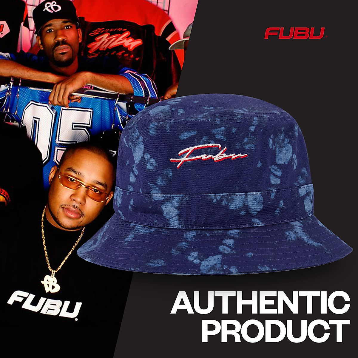 FUBU Bucket Hat, Tie Dye Cotton Twill Packable Travel Cap with Vintage Logo, Navy, One Size