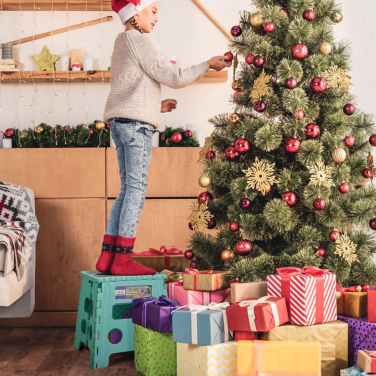 ACKO Folding Step Stool 13 Inch Stool Heavy Duty Plastic Foldable Step Stools for Kids, Stepping Stool with Handle, Folding Stool Suitable for Kitchen Hold Up to 300 LB (Teal 1PC)