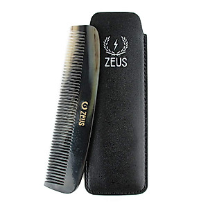 ZEUS Wide Tooth Natural Horn Beard Comb w/Leather Case, Saw-Cut, Anti-Static, Tames, Smooth Glide for Long/Thick Beards