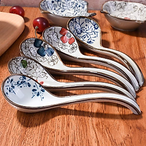 Japanese and Korean Ceramic Soup Spoons set of 5, Hand-Painted, Curved Spoons, Long Handle Rice Spoons