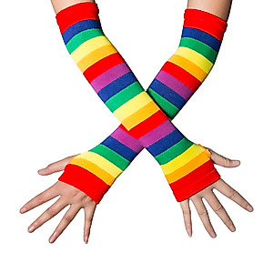 Chalier Womens Rainbow Socks Striped Knee High Socks Arm Warmer Fingerless Gloves Set (Red)