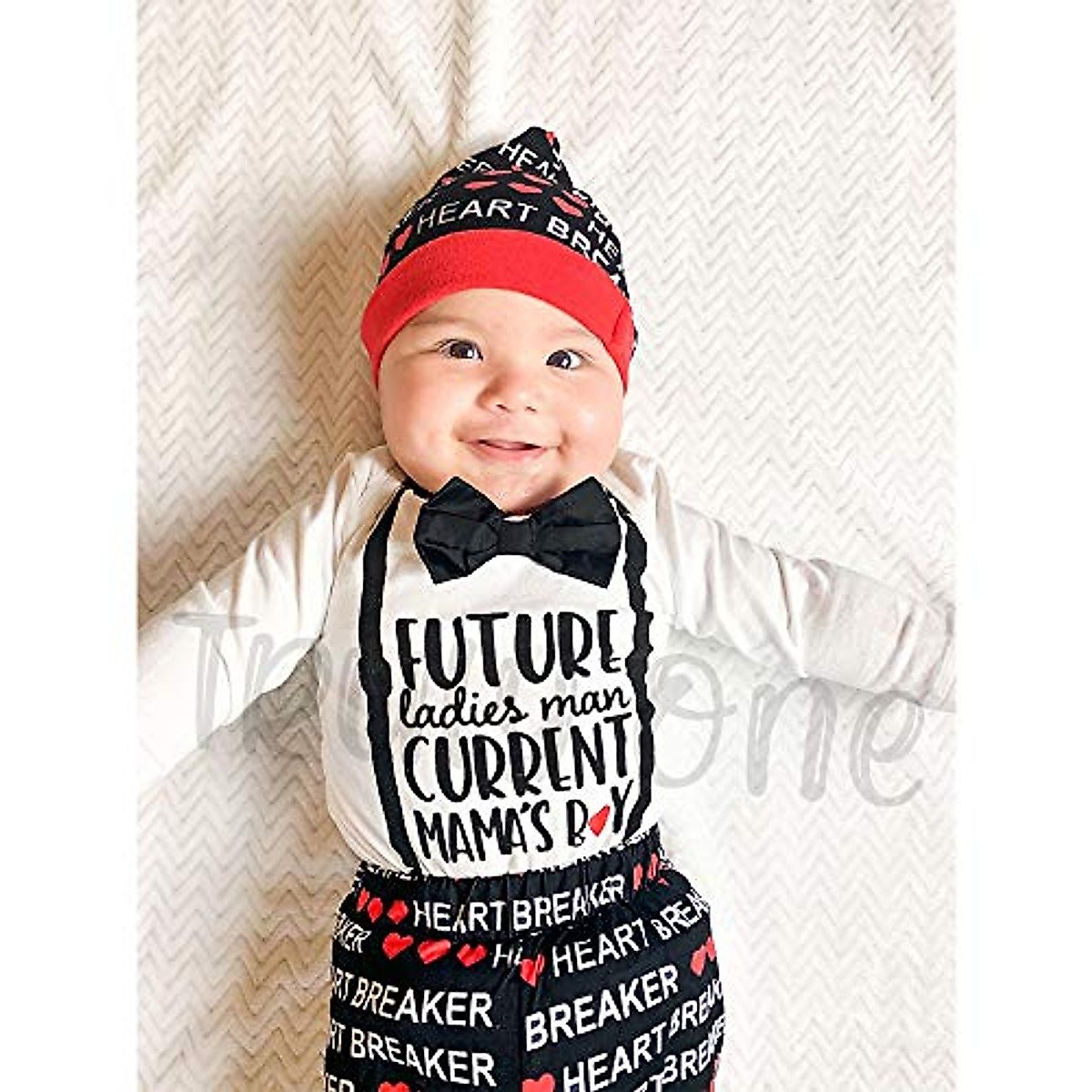 BIRTHDAY SHARK Baby Boy Valentine's Day Outfit Boy First Valentine's Day Clothes Infant Heart Breaker Outfit (White,3-6 Months)