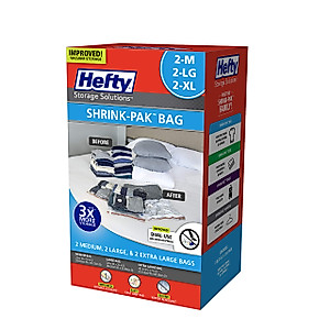 Hefty Shrink-Pak - 2 Medium, 2 Large, 2 XL Vacuum Seal Storage Bags – Space Saver Bags for Clothing, Pillows, Towels, or Blankets, 6 Pc Set