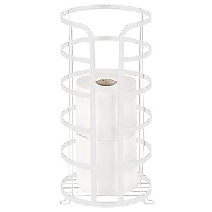 mDesign Decorative Metal Free Standing Toilet Paper Holder Stand with Storage for 3 Rolls of Toilet Tissue - for Bathroom/Powder Room - Holds Mega Rolls - White