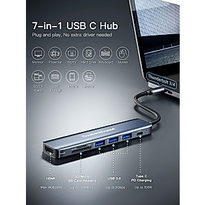 USB C Hub, DockteckExpand 7 in 1 USB-C Multiport Adapter with 4K HDMI, 100W Power Delivery, 3 USB 3.0 Ports, SD/TF Card Reader, for MacBook Pro/Air, iMac, iPad Pro, Surface Pro 7/8, XPS, HP and More