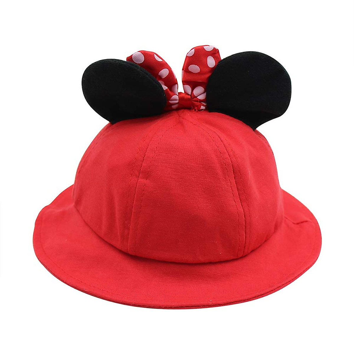 Wide Brim Sun Protection Hat Cute Mouse Ear Bucket Hat Camping Cap with Bow for Kids Toddler Red