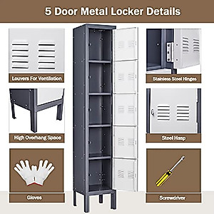 Karini Lockers for Employees,5 Door Metal Locker,66.14''Storage Lockers for Home,Garage,Gym,Office with Mirror,Screwdriver,Gloves,Unassembled (Grey, 5 Door)