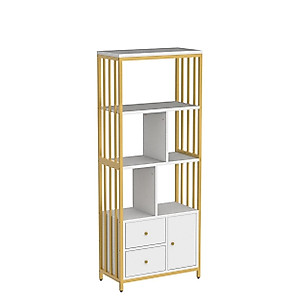 Amyove Gold Bookshelf with Drawers Modern Bookcase Storage Rack Shelf Tall Standing Bookshelves Metal Frame Large Display Racks Book Shelf for Bedroom, Living Room, Home Office, White/Gold