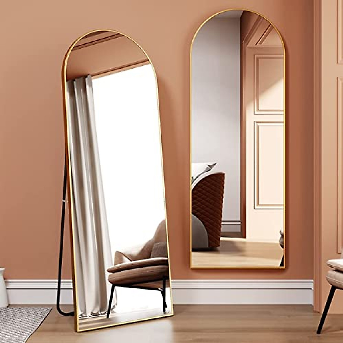 FVANF Arched Full Length Floor Mirror Standing Hanging or Leaning Against Wall, for Bedroom, Wall-Mounted Mirror with Aluminum Alloy Frame, 65"x22" (Gold)