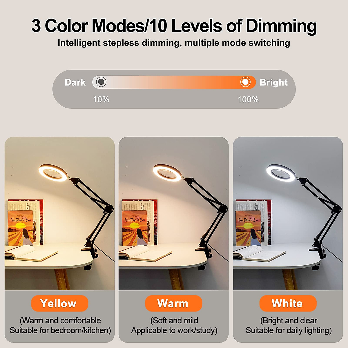 BRISON Magnifying Desk Lamp with Clamp, 3 Adjustable Light, 10 Brightness 8X Magnifier Lamps for Reading/Office/Soldering/Crafts, Swing Arms LED Desk Lamp with Sleep Timer Function