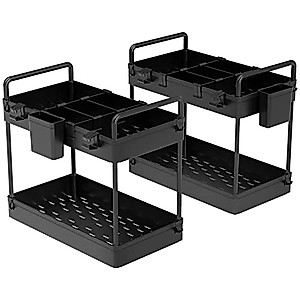 Ronlap 2 Pack Under Sink Organizers and Storage, 2 Tier Bathroom Organizer Under Sink with Handle Hanging Cup Hooks Dividers, Kitchen Organization and Storage Under Sink Cabinet Counter Shelf, Black