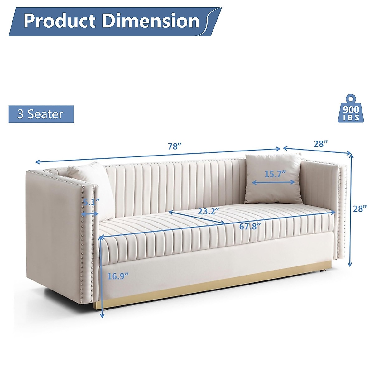 mikibama Modern Velvet Loveseat Sofa, 78 Inch Channel Tufted Sofa Couch, Luxury 3 Seater Couch with 2 Pillows and Gold Metal Legs for Living Room, Bedroom, Apartment (Beige)