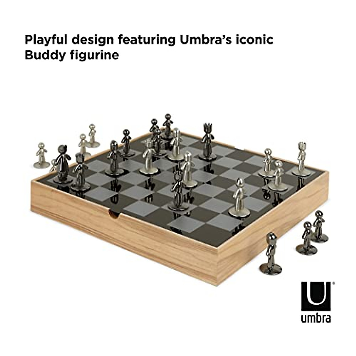 Umbra Buddy Chess Set For Kids & Adults – Modern Original Chessboard Game Made of Metal With Nickel & Titanium Finish – Measures 13 x 13 by 1 ½ Inch (33 x 33 x 3.8 cm) - Velvet Bottom for Easy Moving