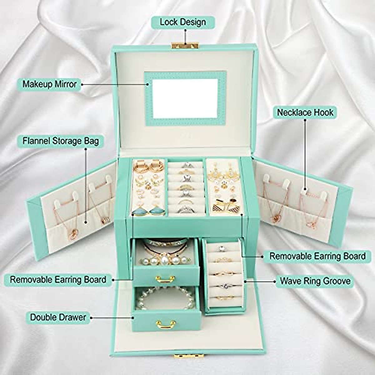 Useeland Jewelry Organizer Box for Mothers Day Gifts, Multifunction Travel Jewelry Case with Mirror, for Bracelets Earrings Rings Necklaces Watches, Gift for Women, Girl, Wife, Mother, Girlfriend