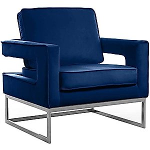 Meridian Furniture Noah Collection Modern | Contemporary Velvet Upholstered Accent Chair with Durable Stainless Steel Base, Navy, Chrome Base