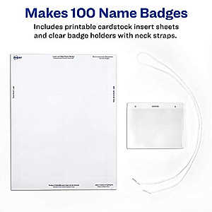 Avery 74459 Neck Hang Badge Holder w/Laser/Inkjet Insert, Top Load, 3h x 4w, White (Box of 100) & Avery Flexible Name Tag Stickers, White Rectangle Labels, 80 Name Badges, 2-1/3" x 3-3/8" (25395)