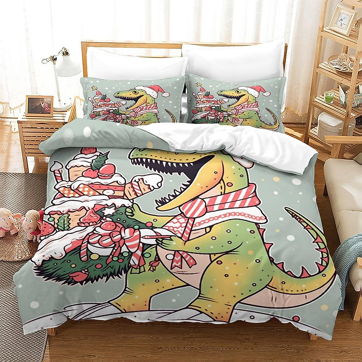 LENTLY Cartoon Dinosaur 3D Print Bedding Set Soft Microfiber Quilt Covers 3 Pieces Christmas Theme Comforter Cover with Pillowcase for Childrens and Adults Duvet Cover Twin（173x218cm）
