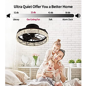 Q&S Modern Ceiling Fan with Lights,Low Profile Enclose Black Cage Semi Flush Mount Crystal Ceiling Fans with Remote 6 Speeds 3 Colors Dimmable LED Light Fixture for Bedroom Living Room Gym 18.9"