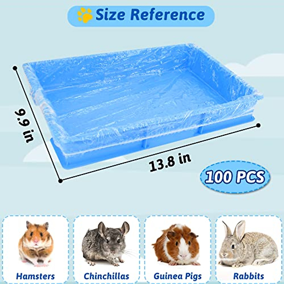 Fhiny 13.8'' x 9.9'' Disposable Guinea Pig Cage Liner, 100 PCS Plastic Rabbit Tray Liner Leak Proof Small Animal Litter Pan Bags Universal Hamster Cage Toilet Film for Bunny Chinchilla Hedgehog Bird