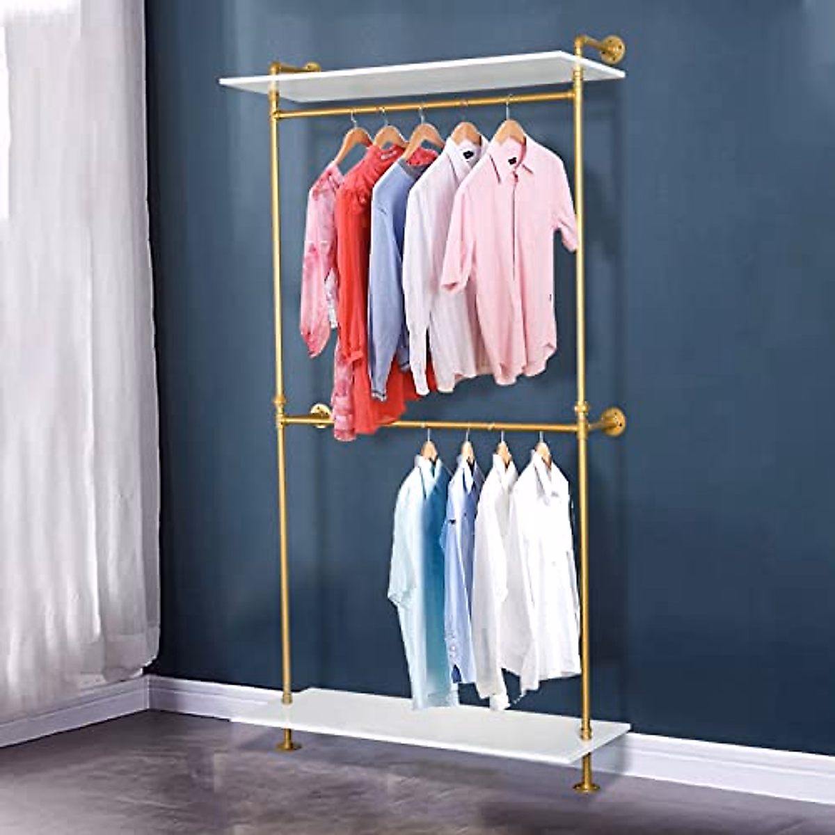Industrial Pipe Clothing Rack, Golden Pipe Clothes Rack Wall Mounted With 2 Tier Real Wood Shelves Attach To The Wall Sturdy And Stylish Industrial Garment Rack Hold The Clothes Display The Clothes