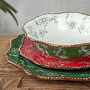 Soup Ceramic Bowls Set of 3 - 14 OZ Salad Bowl Pasta Bowls for Kitchen Microwave Safe Bowls - Cereal Gumbo Dumpling Eating Vintage Stacking Porcelain Pinch Bowls Christmas Gift Sakura Series Green