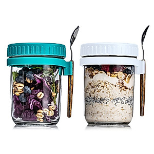 Overnight Oat Container with Lid and Spoon Set, 10 oz Large Airtight Oatmeal Container with Measure Marks Cereal, Milk, Vegetable and Fruit Salad Storage Containers(white and green)