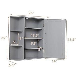 GLACER Bathroom Mirror Cabinet, Modern Wall Cabinet with Mirror, Medicine Cabinet with Mirror, Ideal for Bathroom, Dressing Room or Living Room, 26 x 6.5 x 25 inches (Grey)