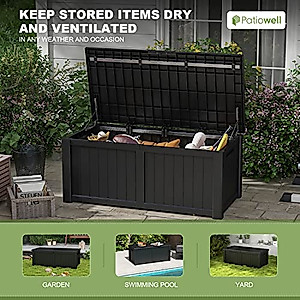 Patiowell 120 Gallon Deck Box, Waterproof Resin Large Outdoor Deck Storage Box for Patio Furniture, Pool Accessories, Toys, Garden Tools and Sports Equipment, Lockable, Black