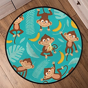 Cute Monkey Round Area Rug, Monkey Banana Non-Slip Circle Rug for Bedroom Living Room Outdoor Study Playing Floor Mat Carpet, 5.2' Diameter