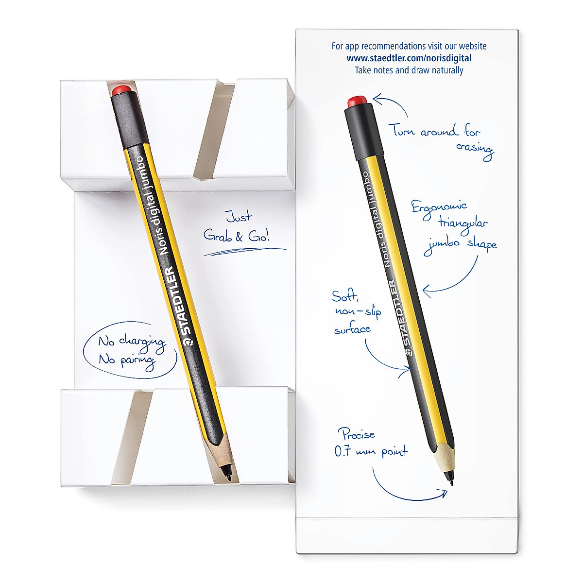 STAEDTLER Noris digital jumbo 180J 22. EMR Stylus with soft digital eraser. For digital writing, drawing and erasing on EMR equipped displays, yellow-black (check the compatibility list)
