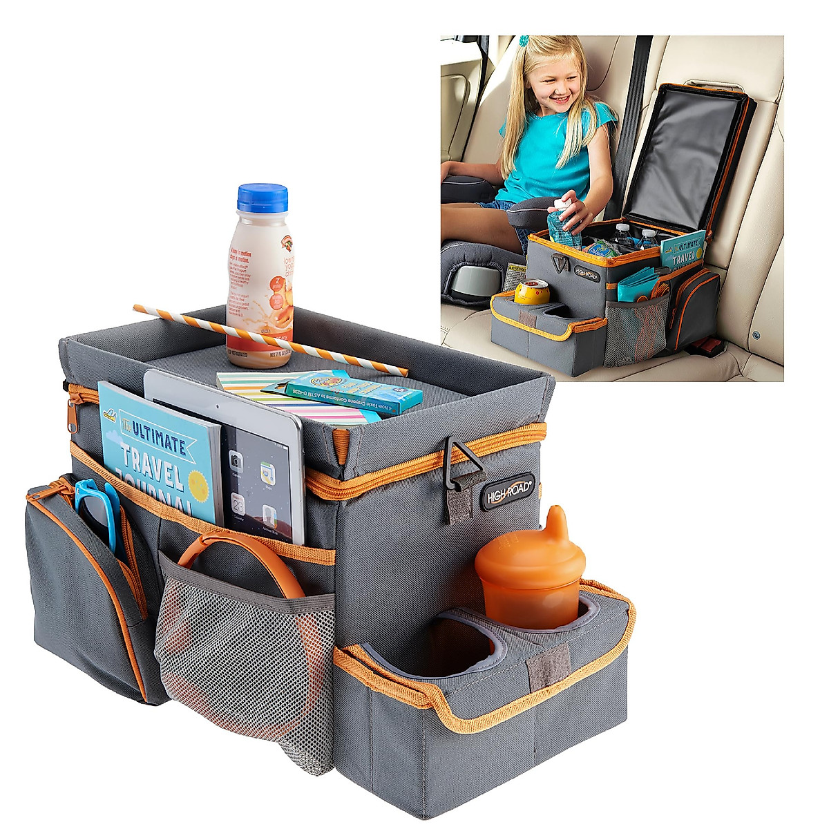 High Road CarHop Car Seat Organizer - Back Seat Organizer for Kids or Front Seat Organizer for Drivers with Cup Holders, Tray Top, Side Pockets and Soft Cooler or Storage Compartment