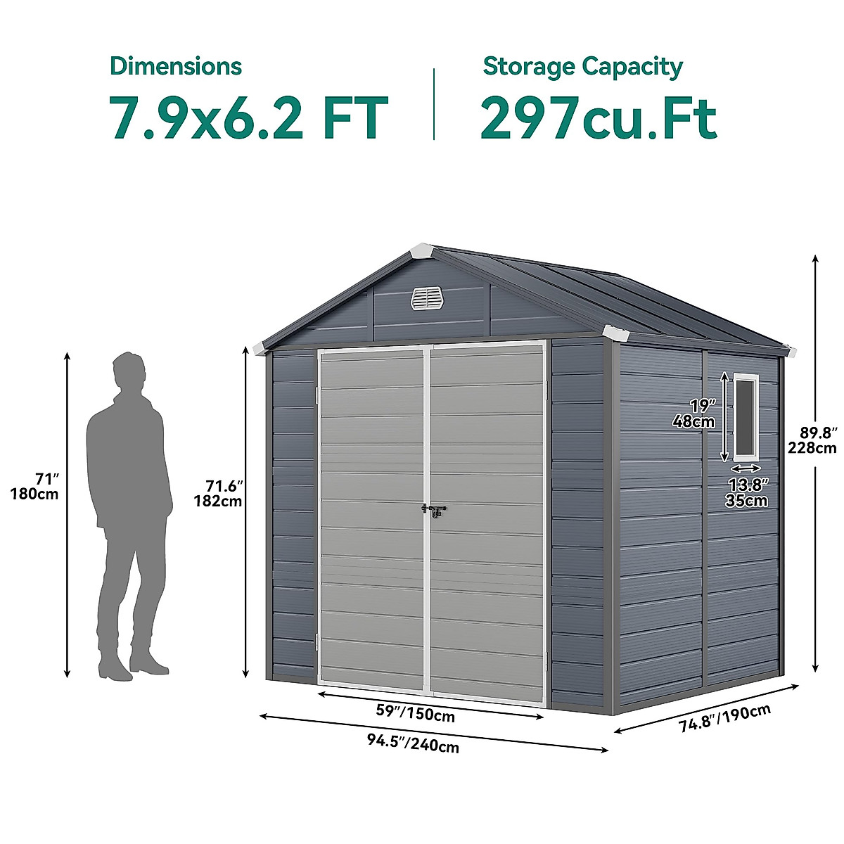 YITAHOME 8x6.2FT Outdoor Resin Storage Shed w/o Floor, All-Weather Plastic Shed with Lockable Doors, Window & Vents, Plastic Tool Shed for Backyard, Patio, Poolside, Lawn, Dark Gray