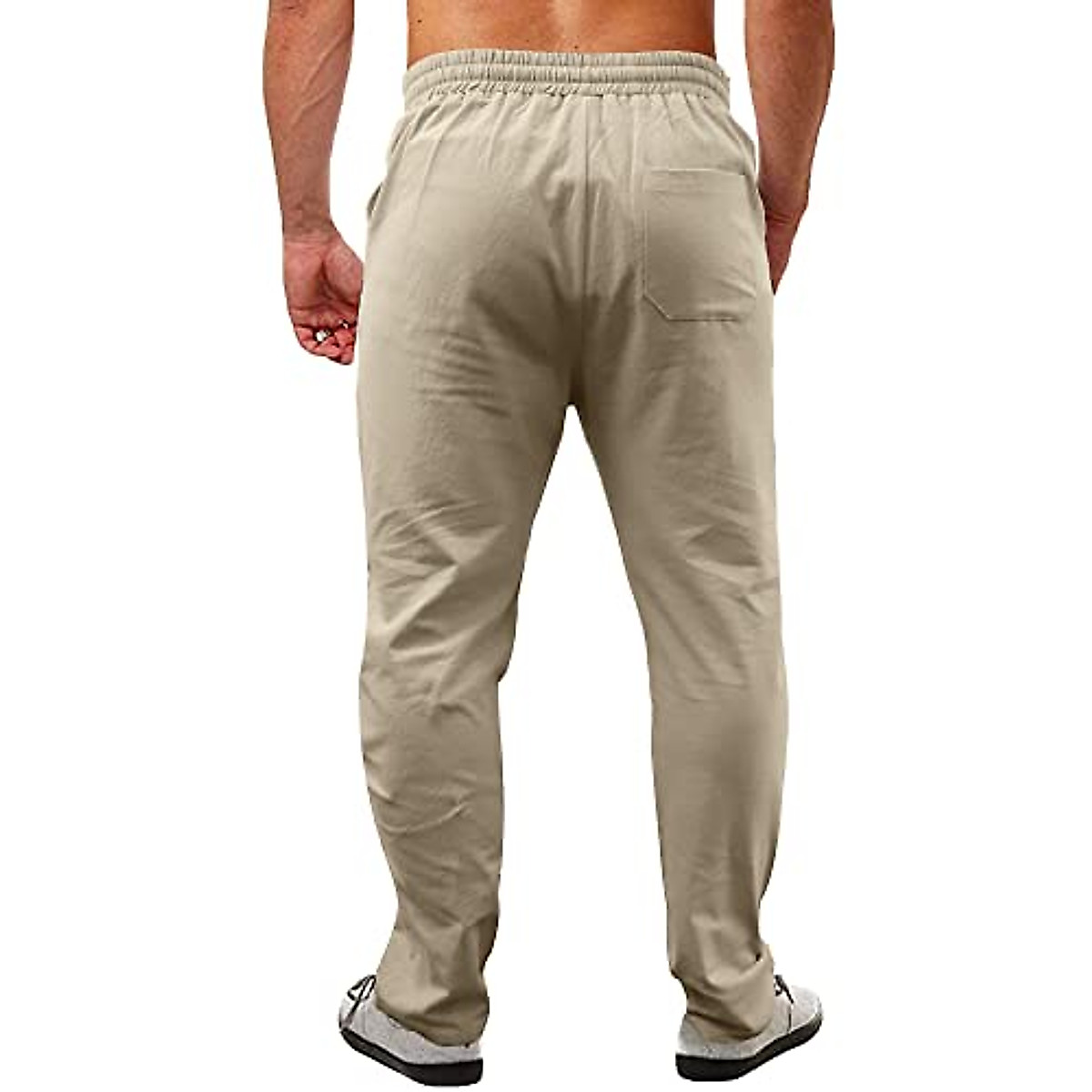 NANAMEEI Mens Linen Pants Casual Mens Linen Trousers Beach Elastic Waistband Pocket Drawstring Beach Pants Khaki XL