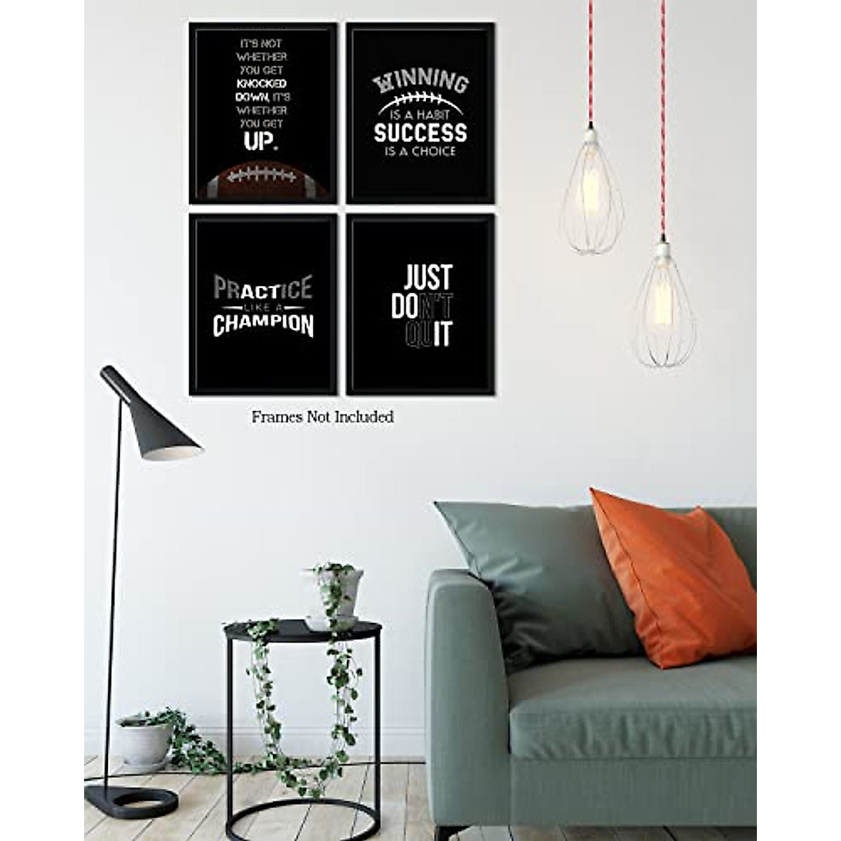 Govivo Inspirational Football Quote Wall Art - Set of 4 Motivational Football Prints - Football Room Decor - Football Wall Art for Boys Bedroom, Locker Room, or Coach Gift - 8x10 unframed prints
