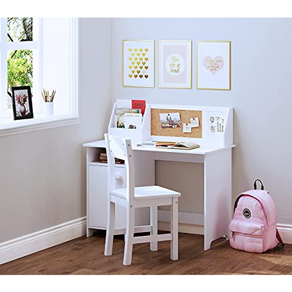 UTEX Kids Study Desk with Chair, Wooden Children School Study Table with Hutch and Chair for 3-8 Years Old, Student's Study Computer Workstation & Writing Table for Home School Use,White