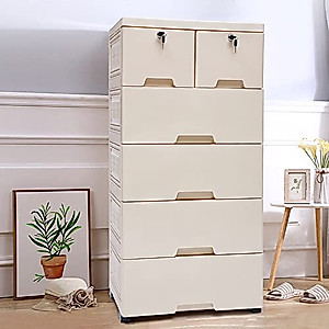 CNCEST Plastic Drawer Dresser with 6-Drawer Locker Closet Drawer High Dresser Storage Cabinet Clothes Organizer Bedroom Furniture Playroom Off-White