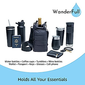 WanderFull Crossbody HydroBag - Water Bottle Holder - Quilted Bottle Bag - Water Bottle Carrier with Strap - Unisex Puffer Tote for Water Bottle (Matte Black with Black Strap)