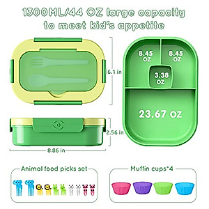 TIME4DEALS Bento Lunch Box for Kids/Adult - Leakproof 44oz Lunch Containers 4 Compartment with Cutlery, Reusable Child Back to School Meal/Snack Packing BPA Free (Green)