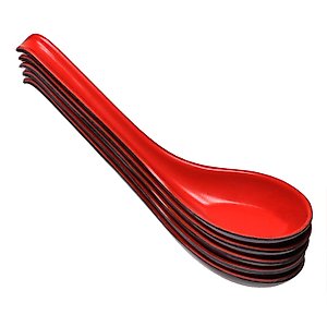 Mini Skater Set of 5 Ramen Noodle Soup Spoon with Long Handle Red Black Vintage Large Spoons for Restaurants Home Hotel Food Shop Japanese