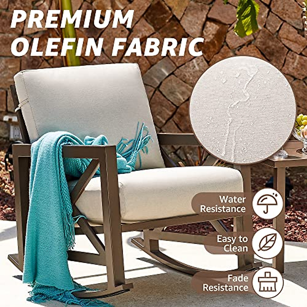 NATURAL EXPRESSIONS Outdoor Patio Rocking Chair, Metal Rocker Chair with 6.5'' Thick Olefin Cushions, Rocking Lawn Chair Rustproof Steel Frame for Outside, Indoor,Backyard,Porch,Poolside