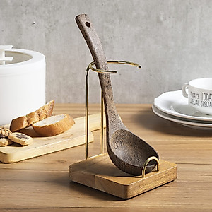 MyGift Modern Acacia Wood Upright Kitchen Spatula Utensil Holder Spoon Rest with Brass Tone Metal Wire, Countertop Vertical Standing Ladle Holder