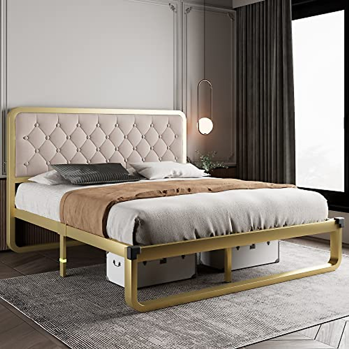 Feonase Full Size Platform Bed Frame with Heavy-Duty Steel Slats, Velvet Upholstered Headboard, 12" Storage Space, No Box Spring Required, Noise Free, Easy Assembly, Golden and Beige