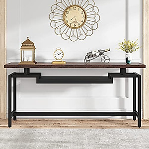 Tribesigns 70 inch Sofa Table, Narrow Long Console Table with 2 Tiers, Industiral TV Console Behind Couch Table with Storage for Entryway, Living Room, Brown & Black
