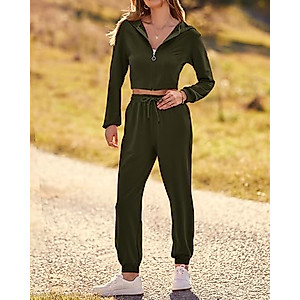 KIRUNDO Two Piece Outfits For Women Tracksuit Long Sleeve Slim Cropped Hooded Jacket Jogger Sweatpants Y2K Sweatsuit Set (Army Green, Medium)