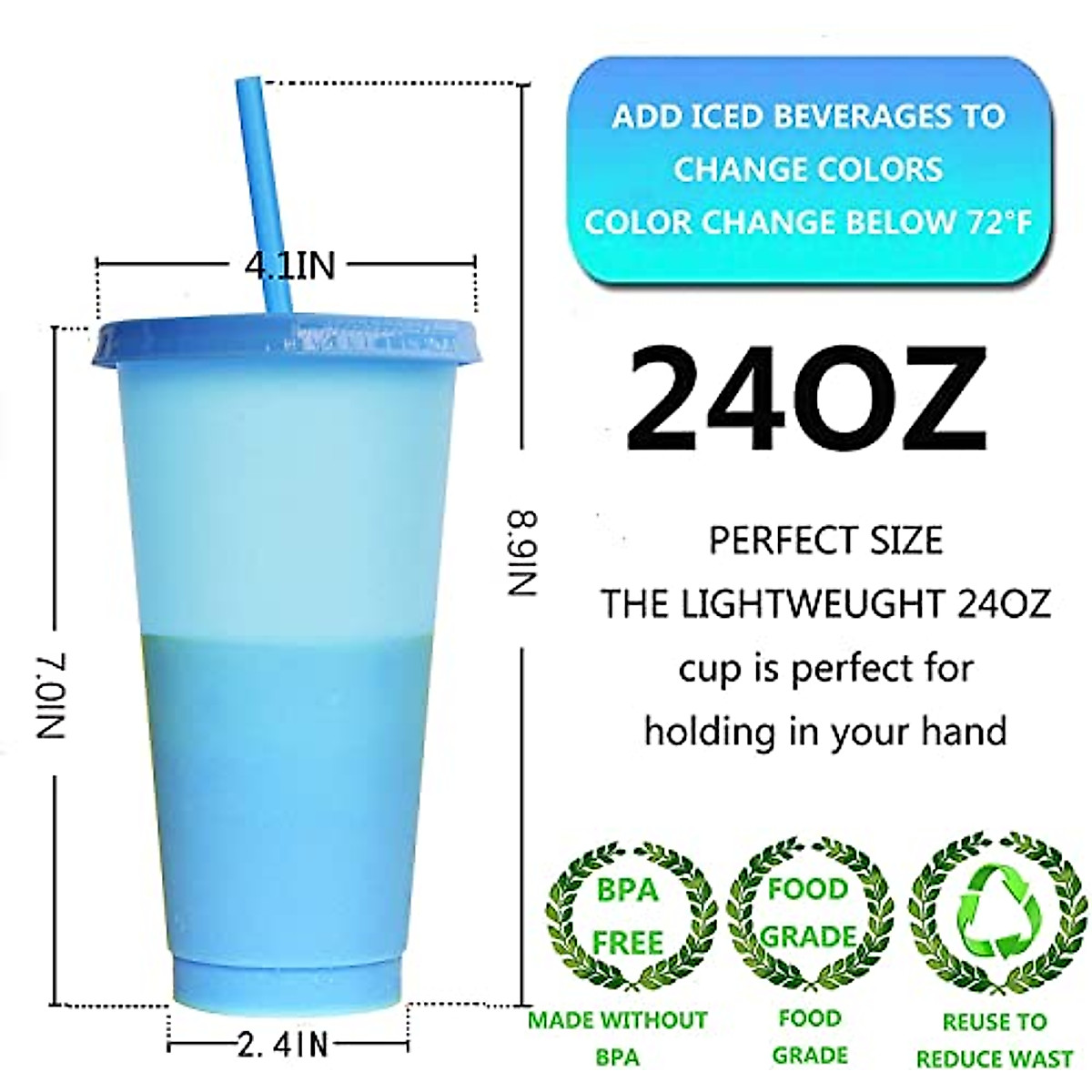 Color Changing Cups Set Cooler 24oz Reusable Plastic Cold Drink Cups with Lids and Straws for Adults Straws In Bright Colors, 5 Iced Coffee Cup, Smoothie Cups with Lids and Straws, Tumbler with Straw