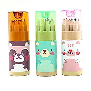 Pomeat 3 Pack Cute Cartoon Bear Mini Drawing Colored Pencils with Sharpener, 3.5" Length, Portable, 12 Count in Tube