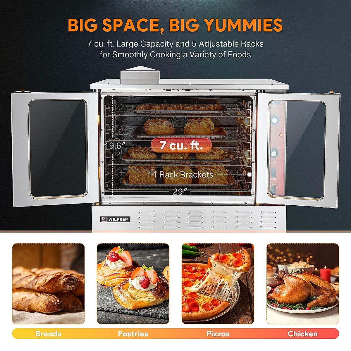 WILPREP Natural Gas Convection Oven, Single Deck Commercial Gas Convection Oven with 54000 BTU, 7 cu ft Capacity, 38" Full Size Conventional Oven for Commercial Restaurant Kitchen, NG, 120V