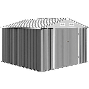 10x8 FT Outdoor Metal Storage Shed, Steel Utility Shed Storage, Metal Shed Outdoor Storage with Lockable Door Design with Sloped Roof for Patio, Garden, Backyard, Outdoor Use, Gray