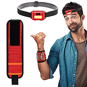 Magnetic Wristband Led Headlamp Flashlight, Magnetic Wristband for Holding Screws Men Stocking Stuffers, Christmas Gifts for Dad Valentines Day Gift for Him Husband Magnetic Tool for Carpenter