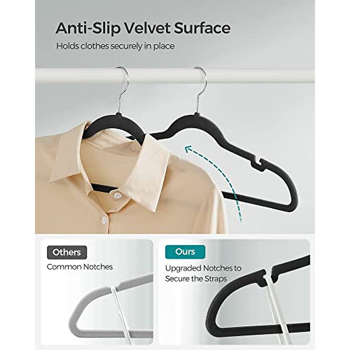 SONGMICS Velvet Hangers 50 Pack, Non-Slip Clothes Hangers, with Shoulder Notches, Pants Bar, 360° Swivel Hook, Space-Saving, for Closet, Black UCRF029B05